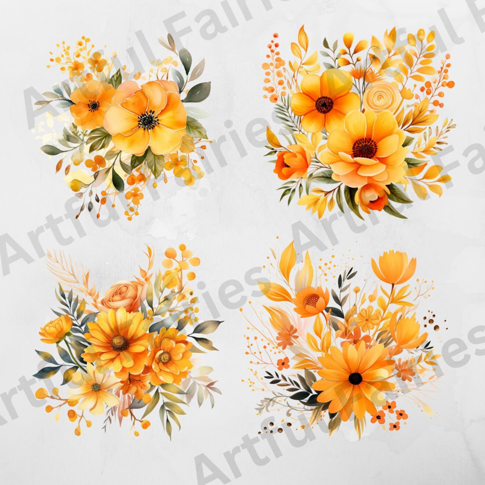 Watercolor Floral Clipart Orange Yellow Flower Border PNG Floral ...