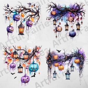 Watercolor Halloween Border Clipart Autumn Frame PNG Lantern Fall ...