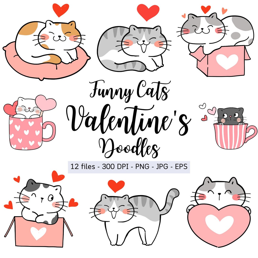 Funny Cats Valentine's Clipart, Cute Cats Stickers, Sweet Love Doodles ...