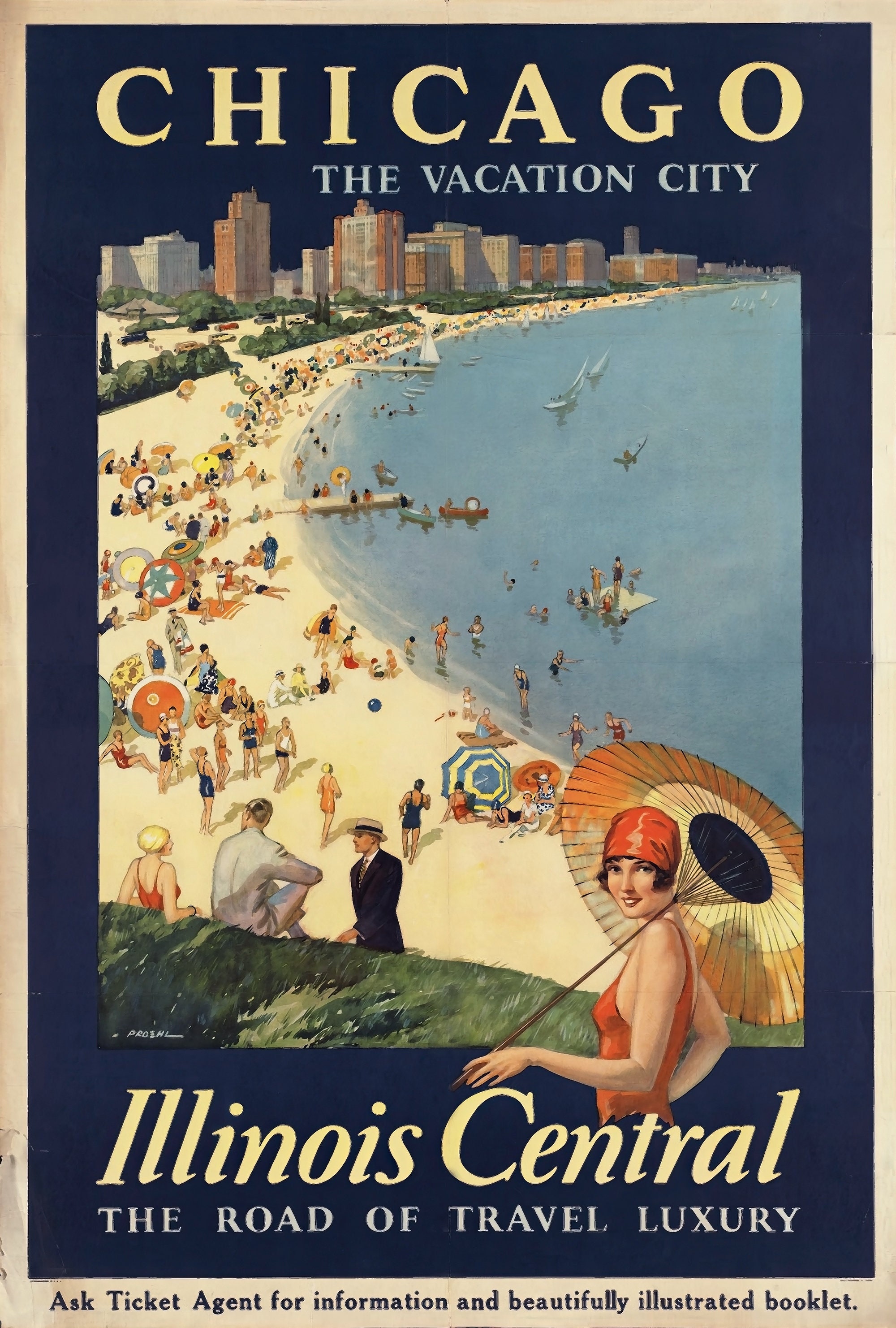 Vintage Travel Poster Chicago, Illinois Central Golden Age of Travel ...