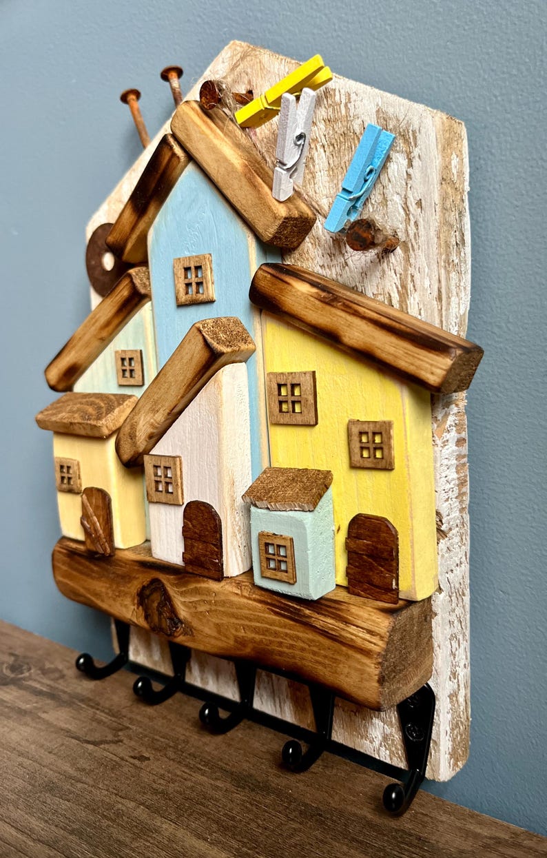 Handmade Wooden House Keyholder, Housewarming Gift, Colourful Wall ...