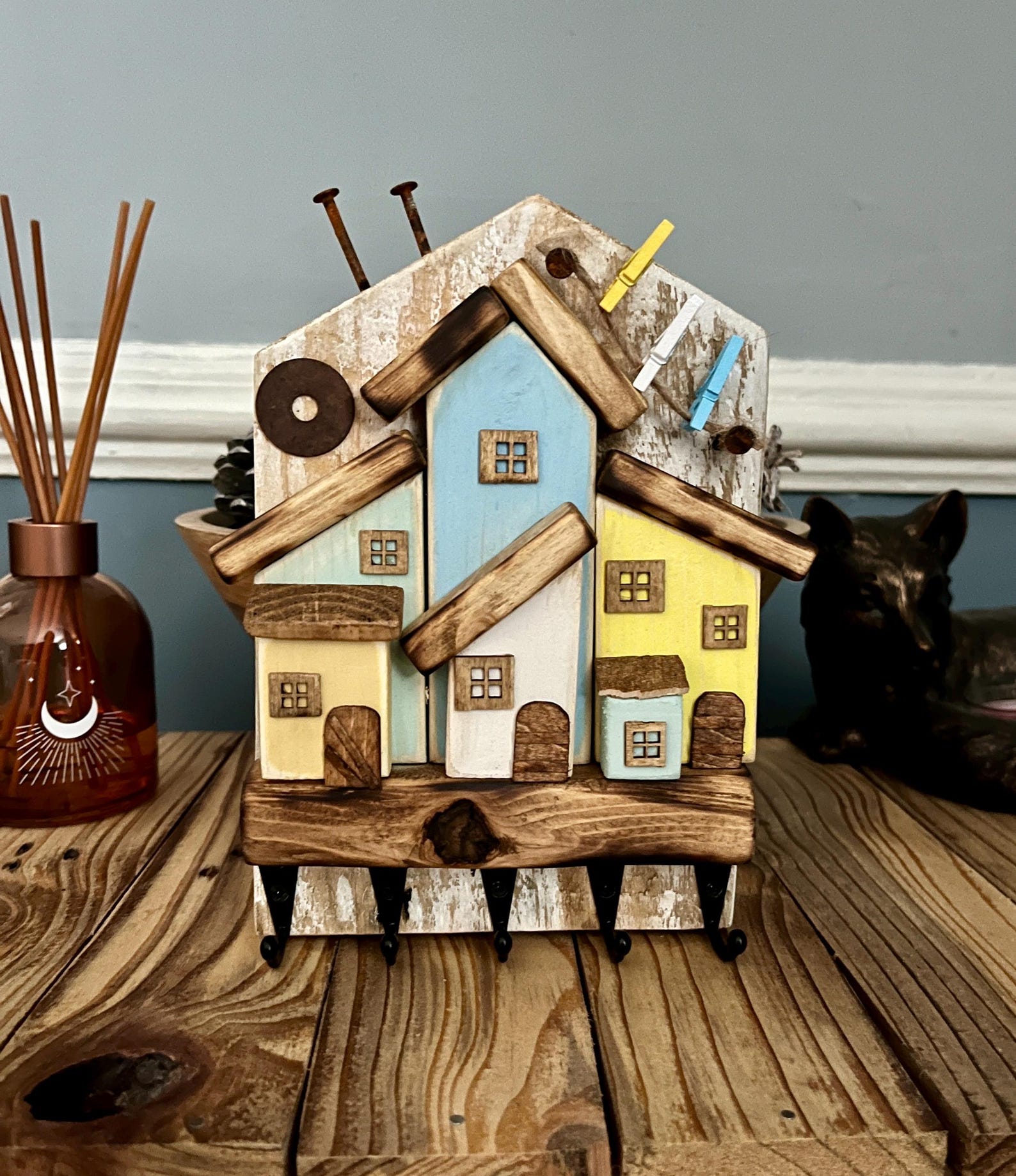 Handmade Wooden House Keyholder, Housewarming Gift, Colourful Wall ...