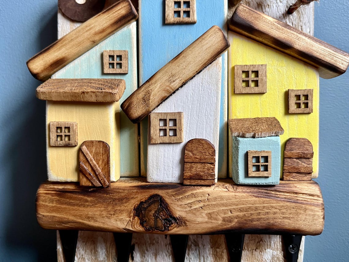 Handmade Wooden House Keyholder, Housewarming Gift, Colourful Wall ...