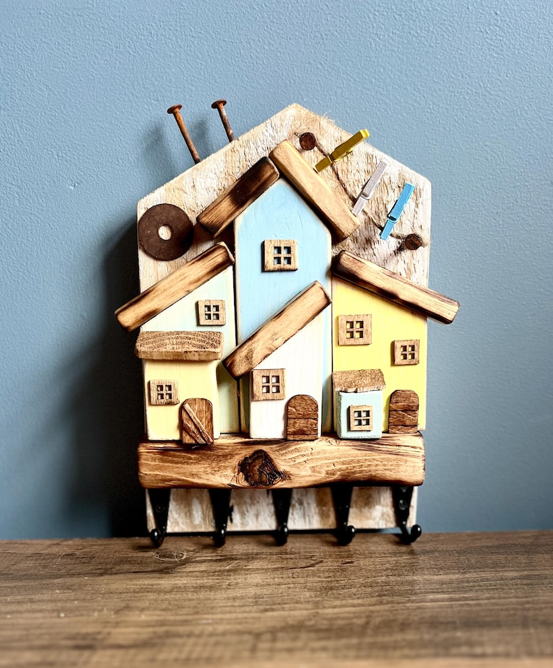 Handmade Wooden House Keyholder, Housewarming Gift, Colourful Wall ...
