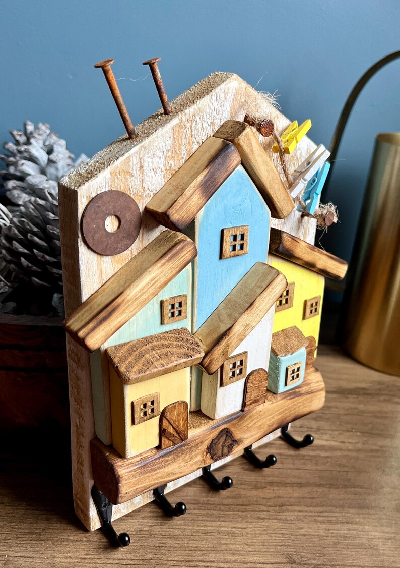 Handmade Wooden House Keyholder, Housewarming Gift, Colourful Wall ...