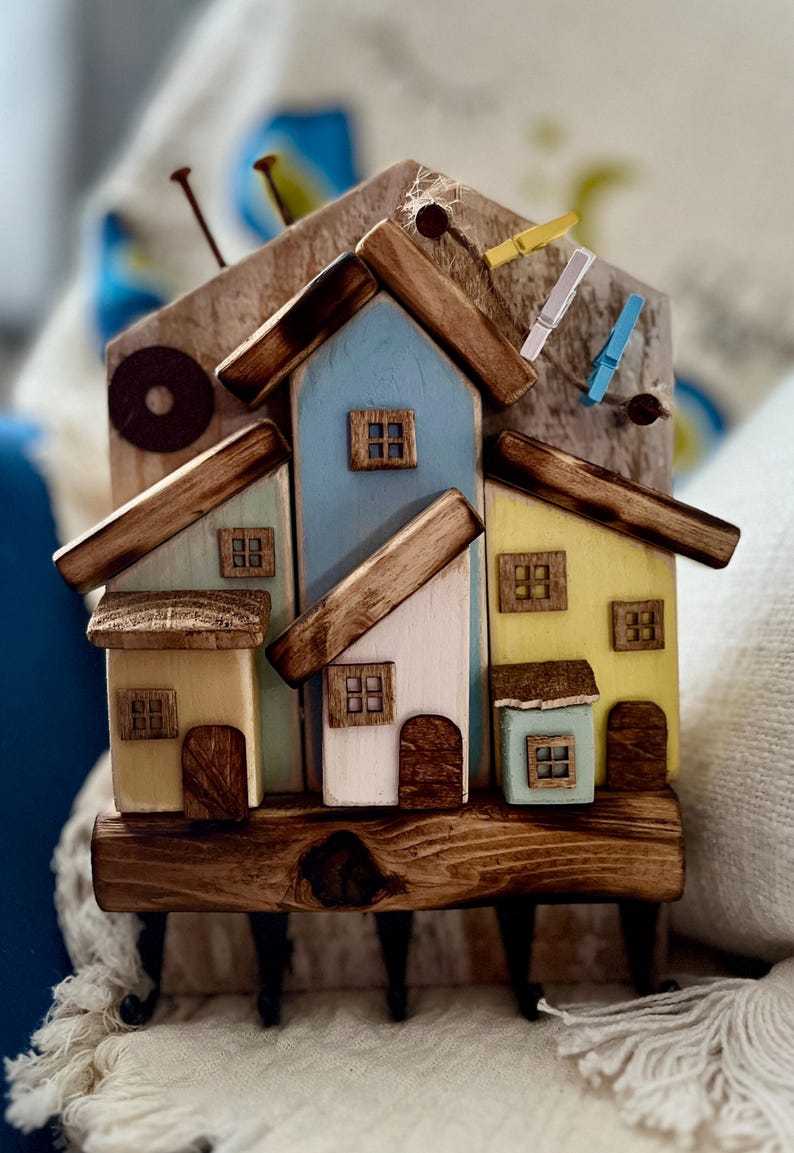 Handmade Wooden House Keyholder, Housewarming Gift, Colourful Wall ...