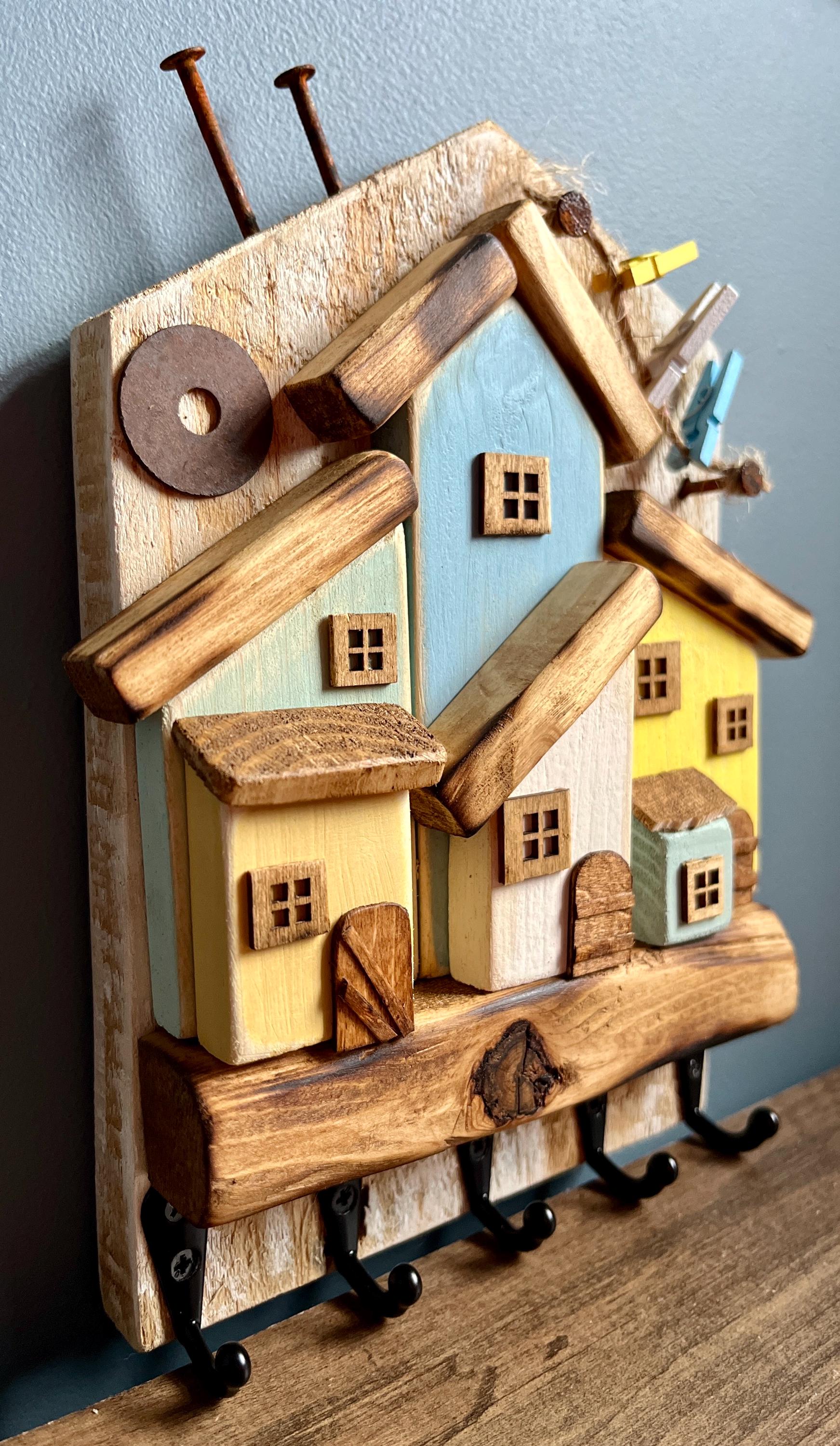 Handmade Wooden House Keyholder, Housewarming Gift, Colourful Wall ...