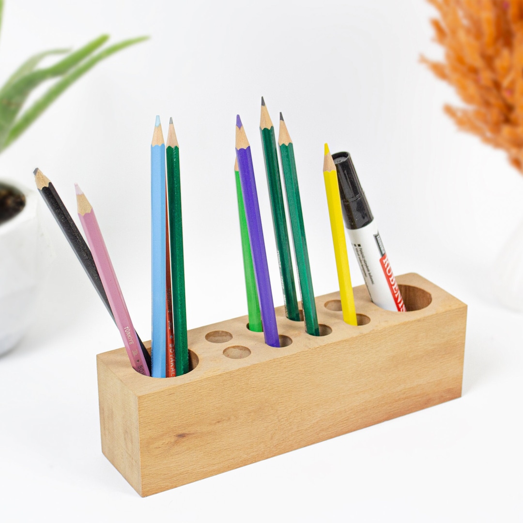 Handcrafted Wooden Pencil Holder Beechwood Desk Organizer Compact and ...