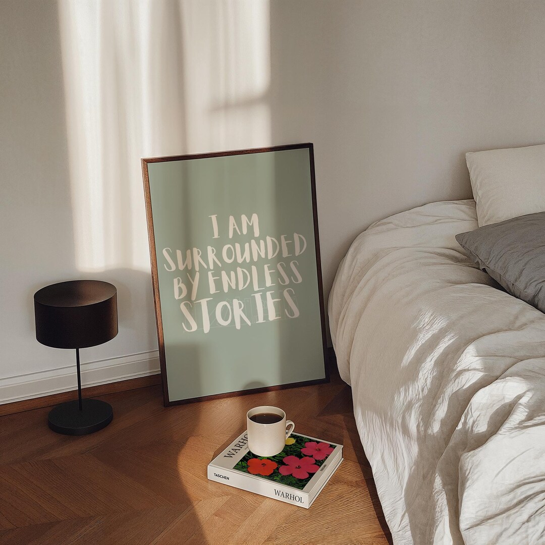 Sage Green Reading Print - Endless Stories Quote Poster, Minimalist ...