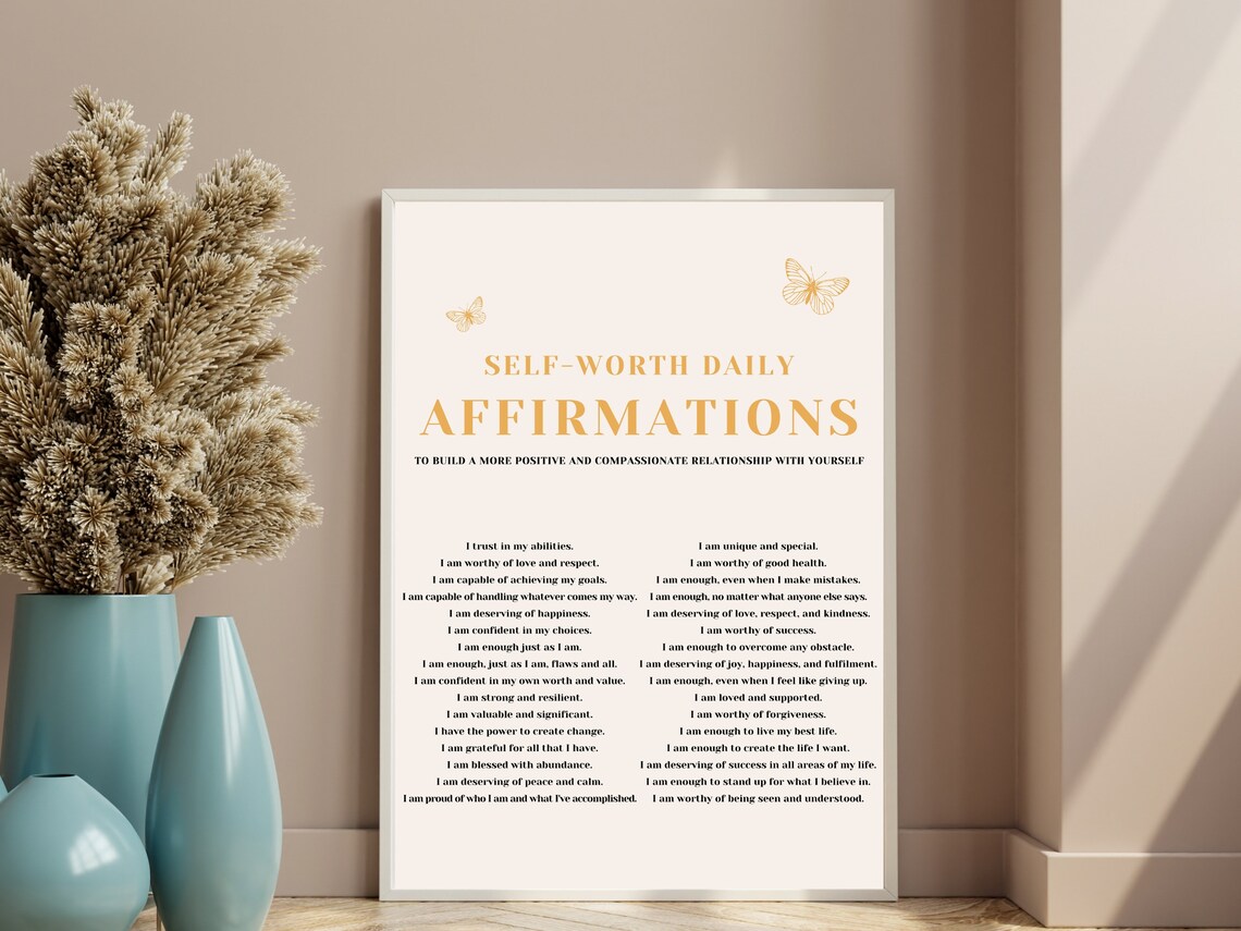 Self-worth Daily Affirmations Print, Mental Health Therapy Poster ...