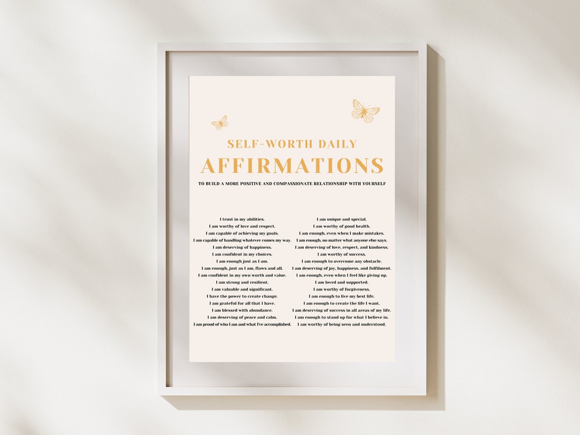 Self-worth Daily Affirmations Print, Mental Health Therapy Poster ...