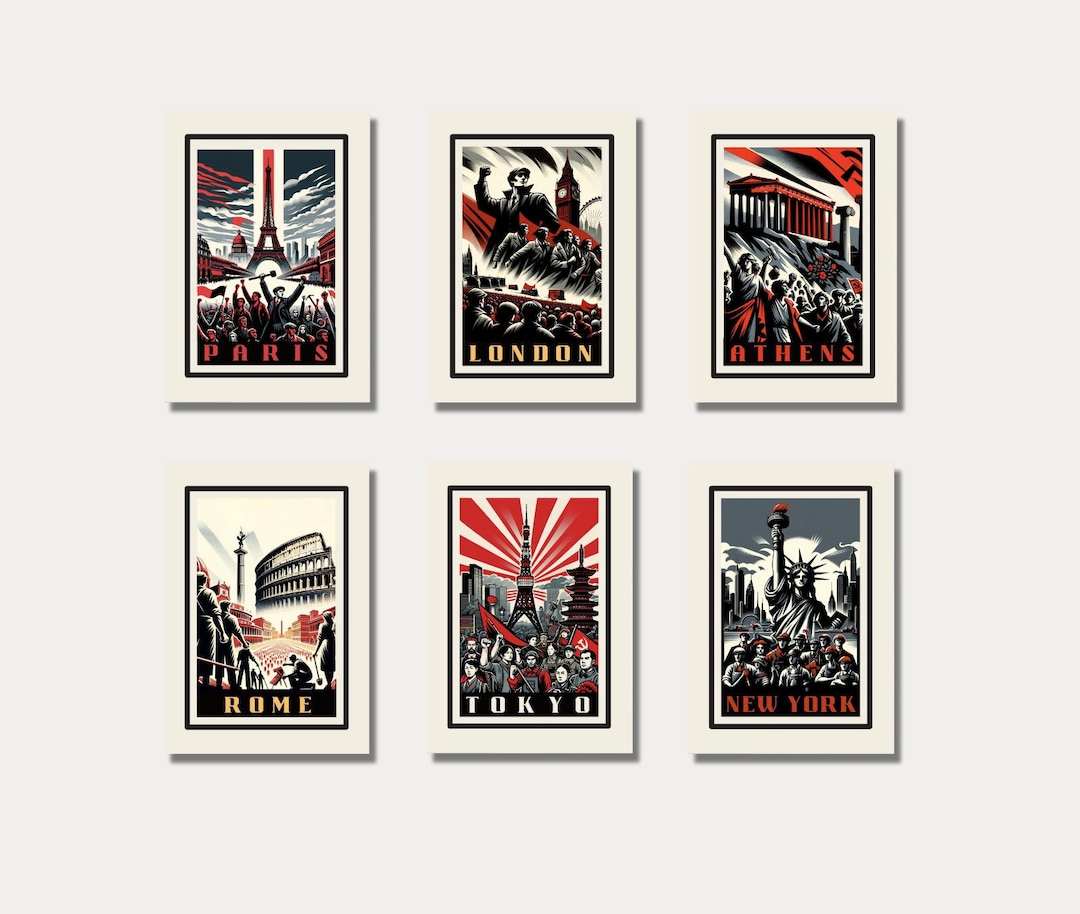 6 Piece Dystopian City Propaganda Poster Set, Alternate Universe Cities ...