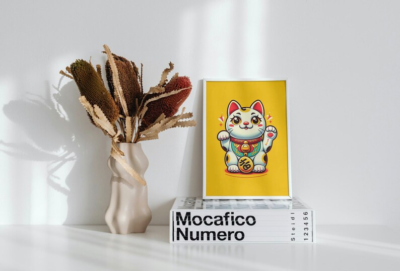 Lucky Cat Poster, Maneki Neko Print, Cat Lover Poster, White Lucky Cat ...