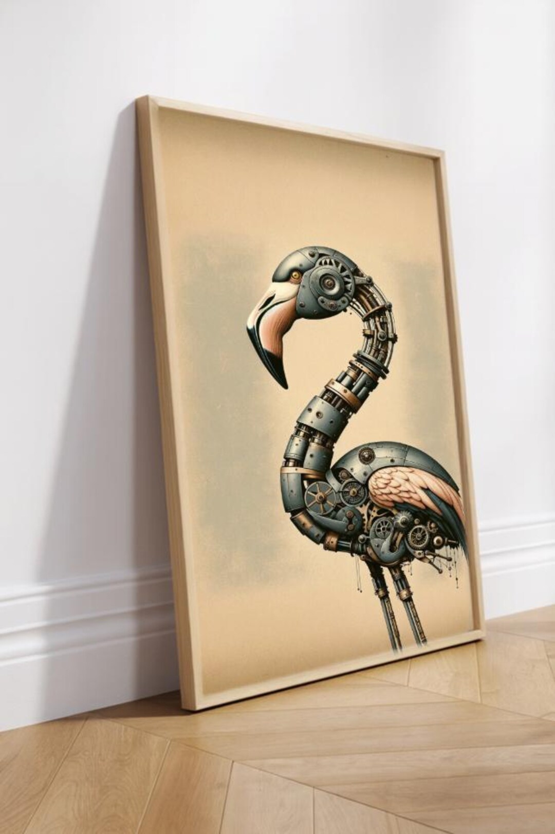 Robot Flamingo Retro Printable Poster, Vintage Style Steampunk Wall Art ...
