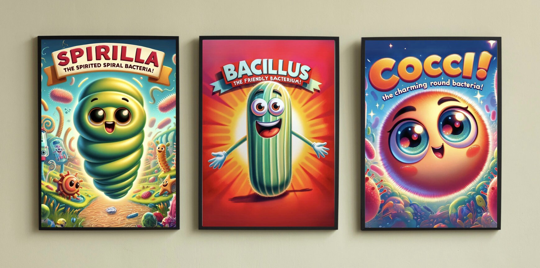 Set of 3 Vibrant Bacteria Art, Microbiology Art, Microbe Art, Science ...