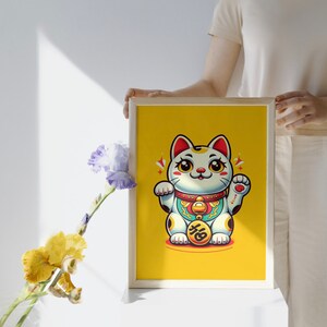 Lucky Cat Poster, Maneki Neko Print, Cat Lover Poster, White Lucky Cat ...