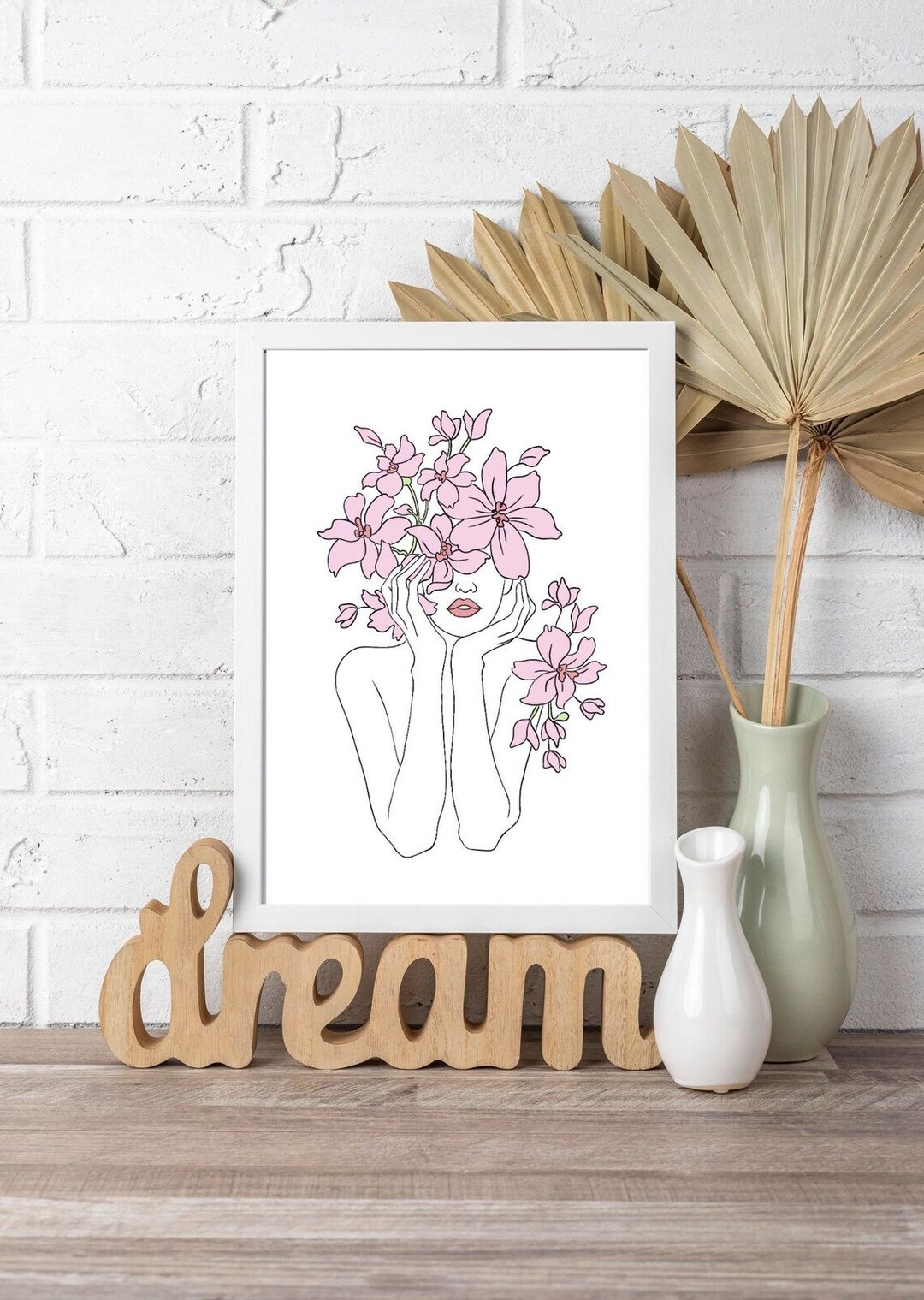 A Woman in Pink Flowers Line Art Digital Painting in PNG File, DIY ...