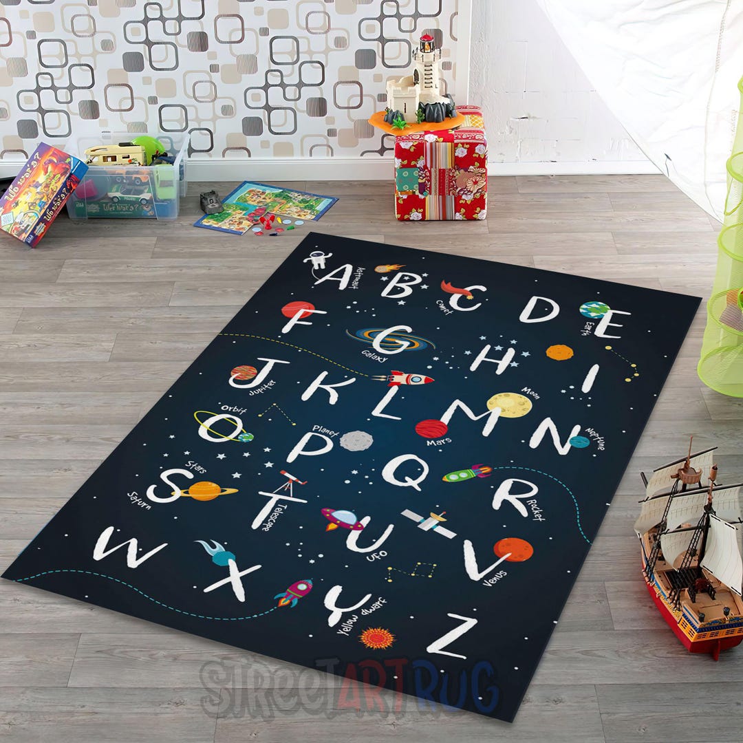 Space Themed Alphabet Rug, ABC Carpet, Kids Room Mat, Nursery Rug ...