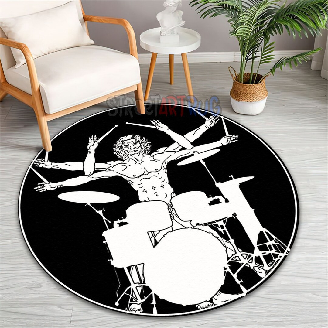 Stage Drummer Rug, Black Da Vinci Art Carpet, Music Room Mat, Musician ...