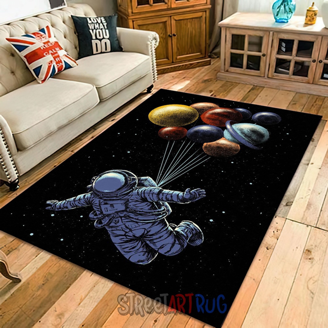 Astronaut Themed Rug, Stars Pattern Carpet, Black Space Mat, Kids Room ...