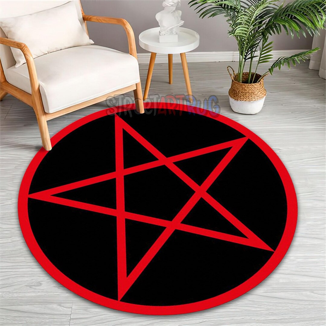 Black and Red Satanic Rug, Pentacle Round Mat, Evil Decor, Gothic ...
