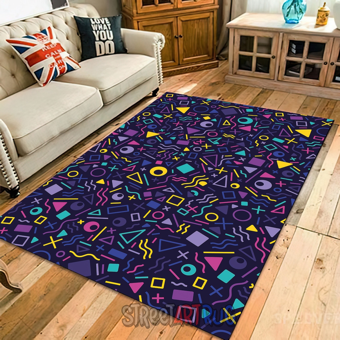 Retro Style Geometric Game Rug, 90s Arcade Carpet, Video Gamer Mat ...