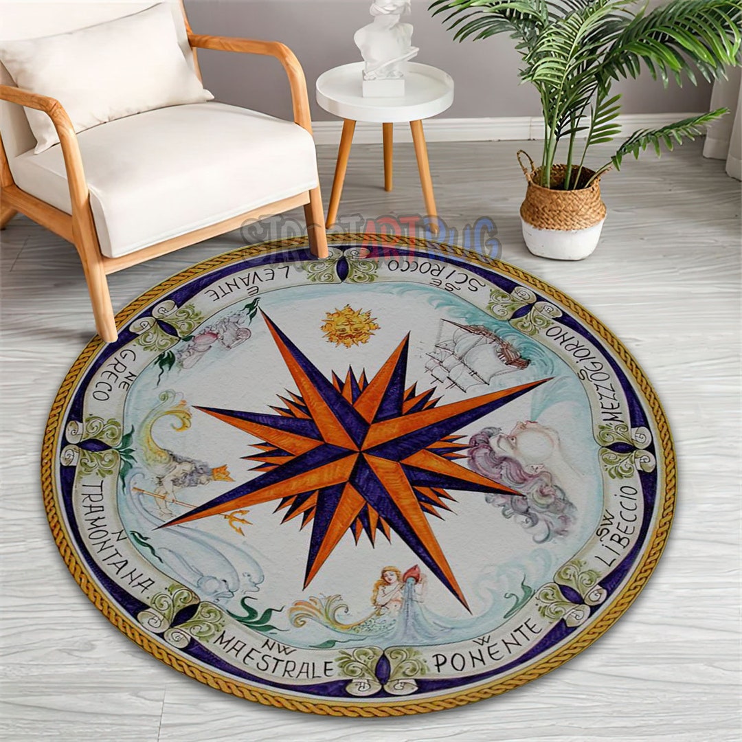 Ancient Compass Rose Rug, Yacht Mat, Ocean Decor, Entryway Carpet ...