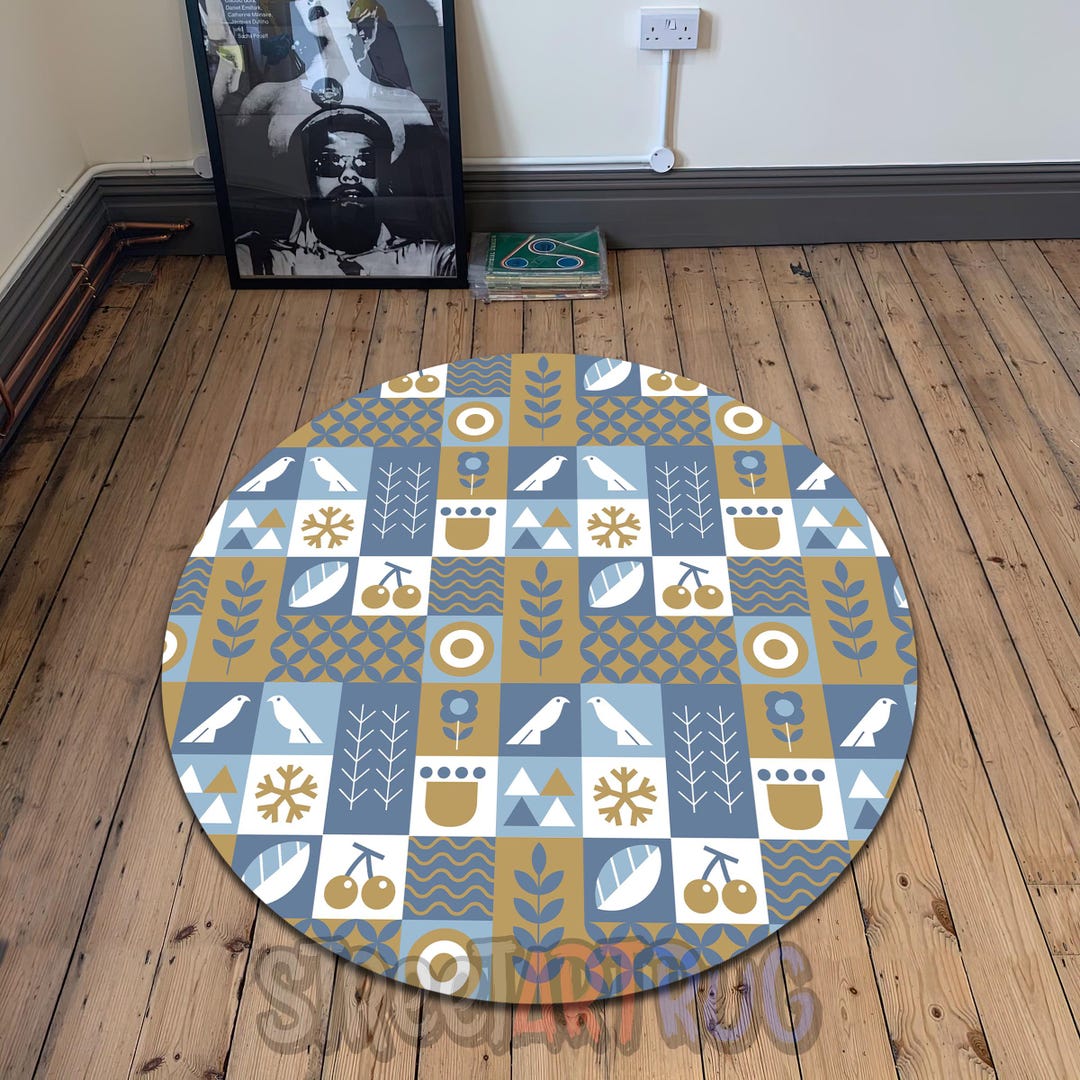 Modern Geometric Round Rug, Birds and Nature Carpet, Mid Century Mat ...
