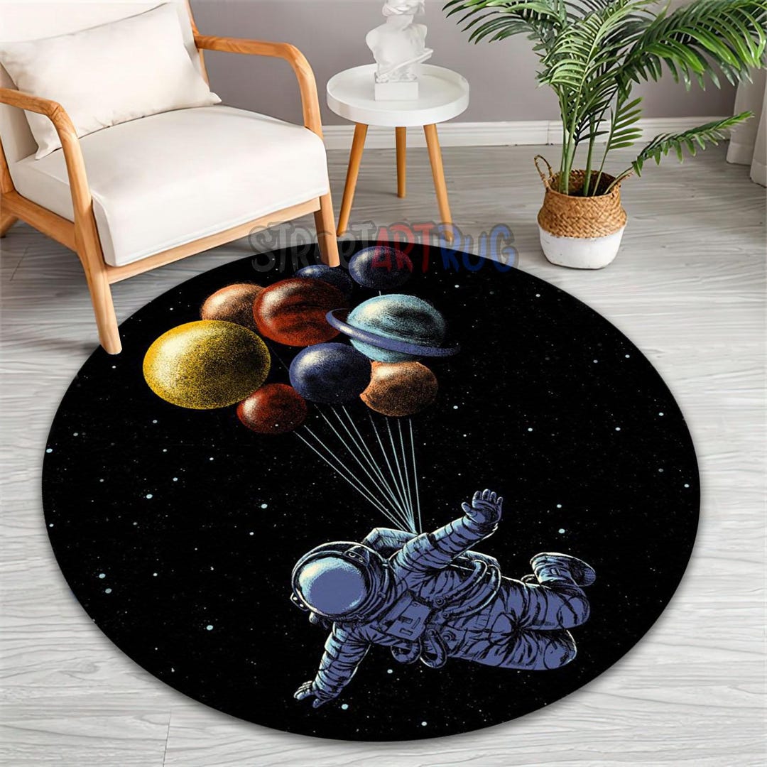 Astronaut Themed Rug, Stars Carpet, Black Space Round Mat, Kids Room ...
