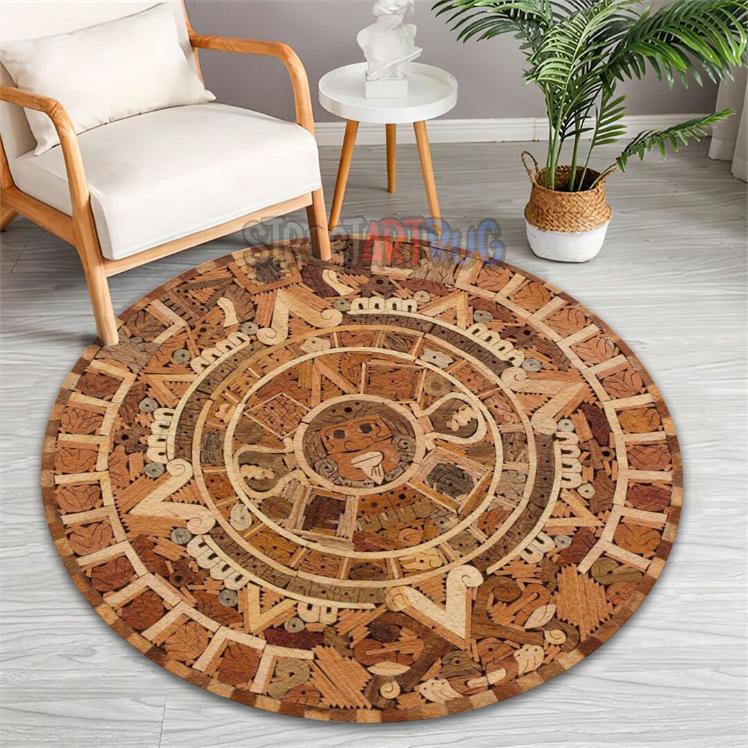 Mayan Motif Rug, Compass Carpet, Ethnic Mat, Tribal Rug, Aztec Round ...