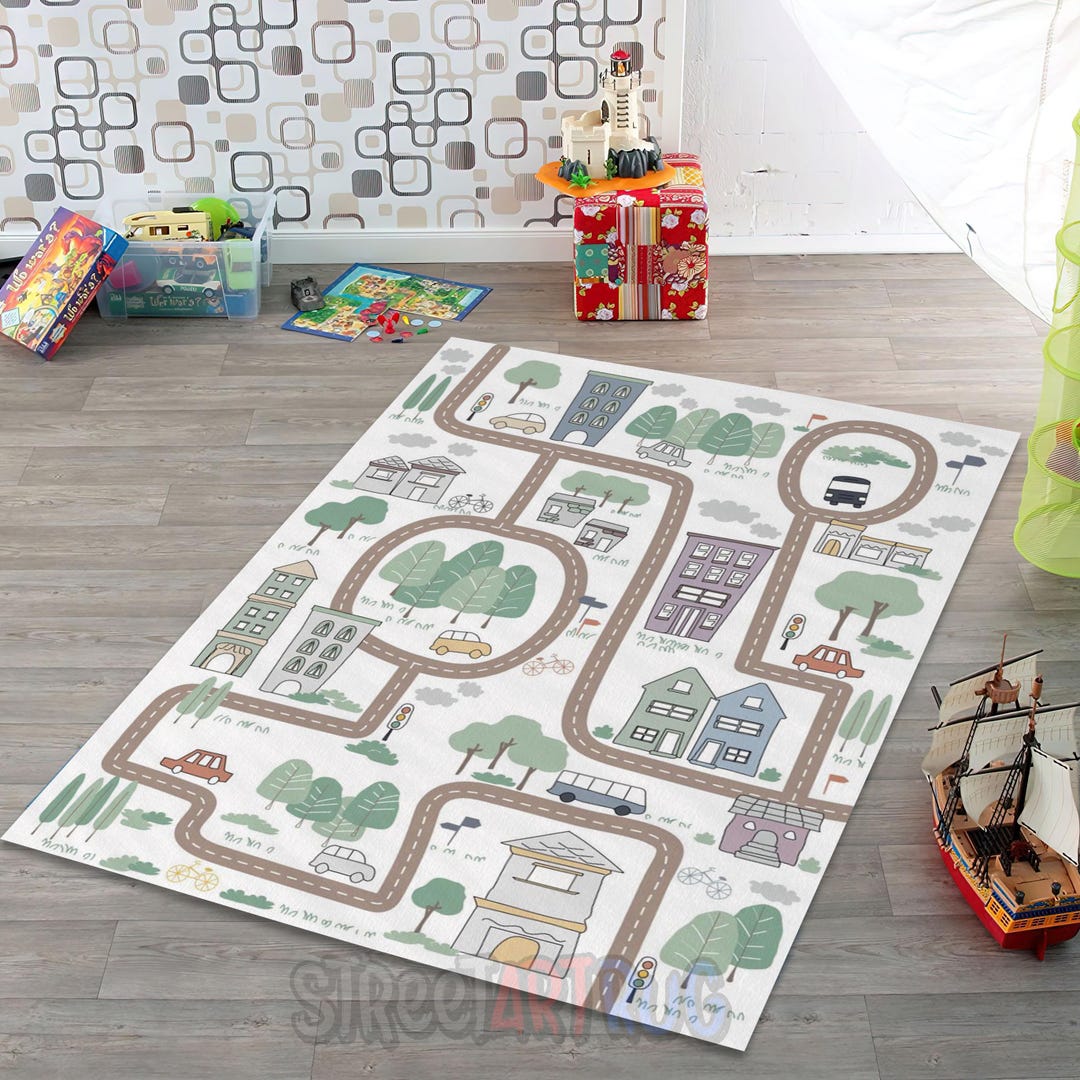 City Road Map Themed Rug, Kids Room Carpet, Nursery Play Mat, Newborn ...
