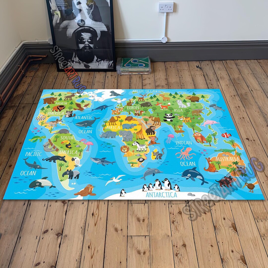 Animal World Map Printed Rug, Kids Room Carpet, Toddler Play Mat ...