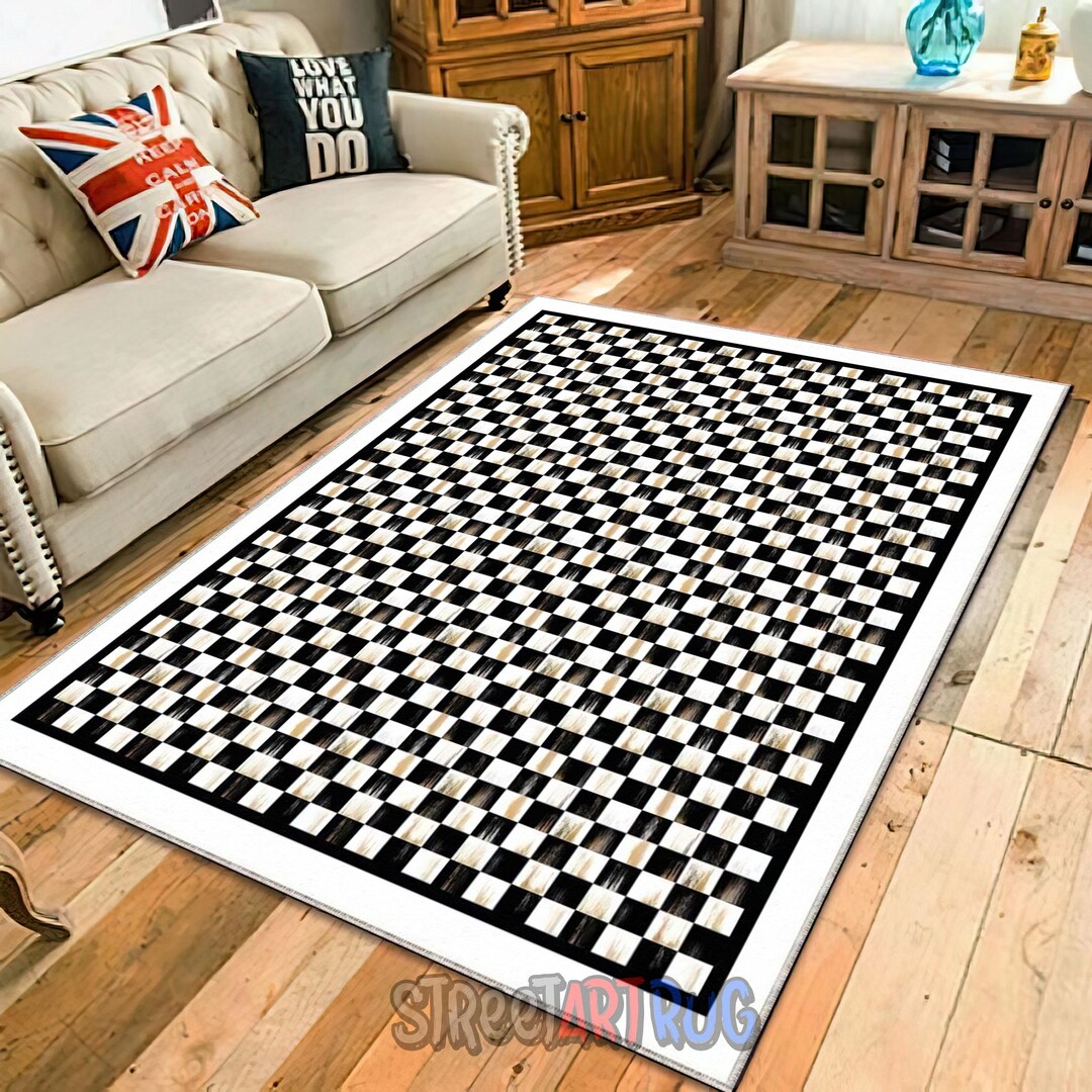 Black and White Checkered Rug, Modern Kitchen Carpet, Dining Room Mat ...
