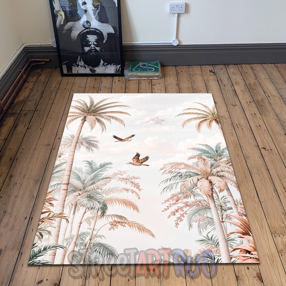 Cream Tropical Palm Tree Rug - Sage Green Exotic Carpet - Etsy