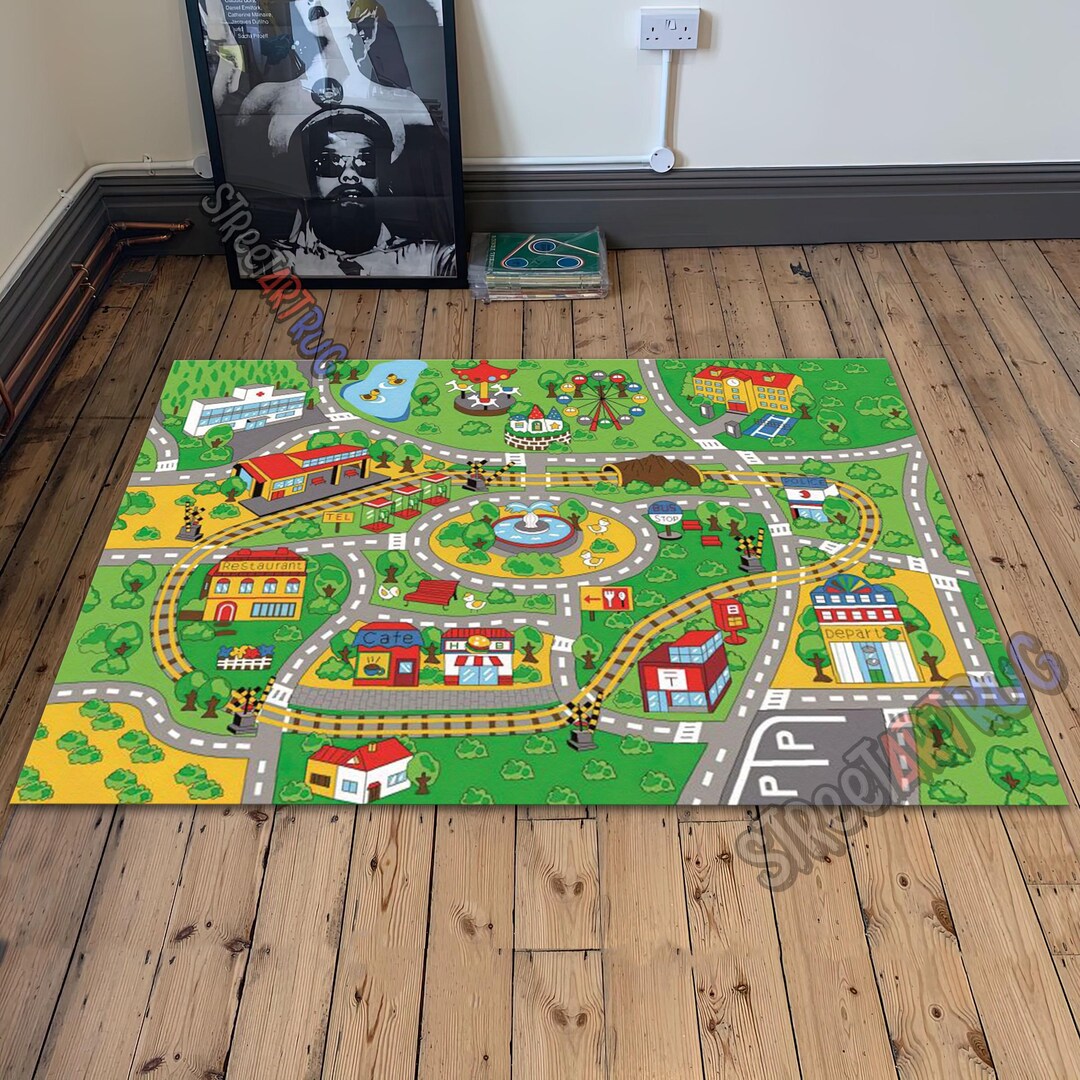 Colorful City Road Map Rug, Kids Room Mat, Nursery Carpet, Green ...