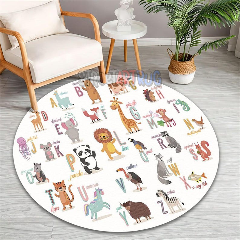 Alphabet Kids Room Rug, Round Animal ABC Mat - Etsy