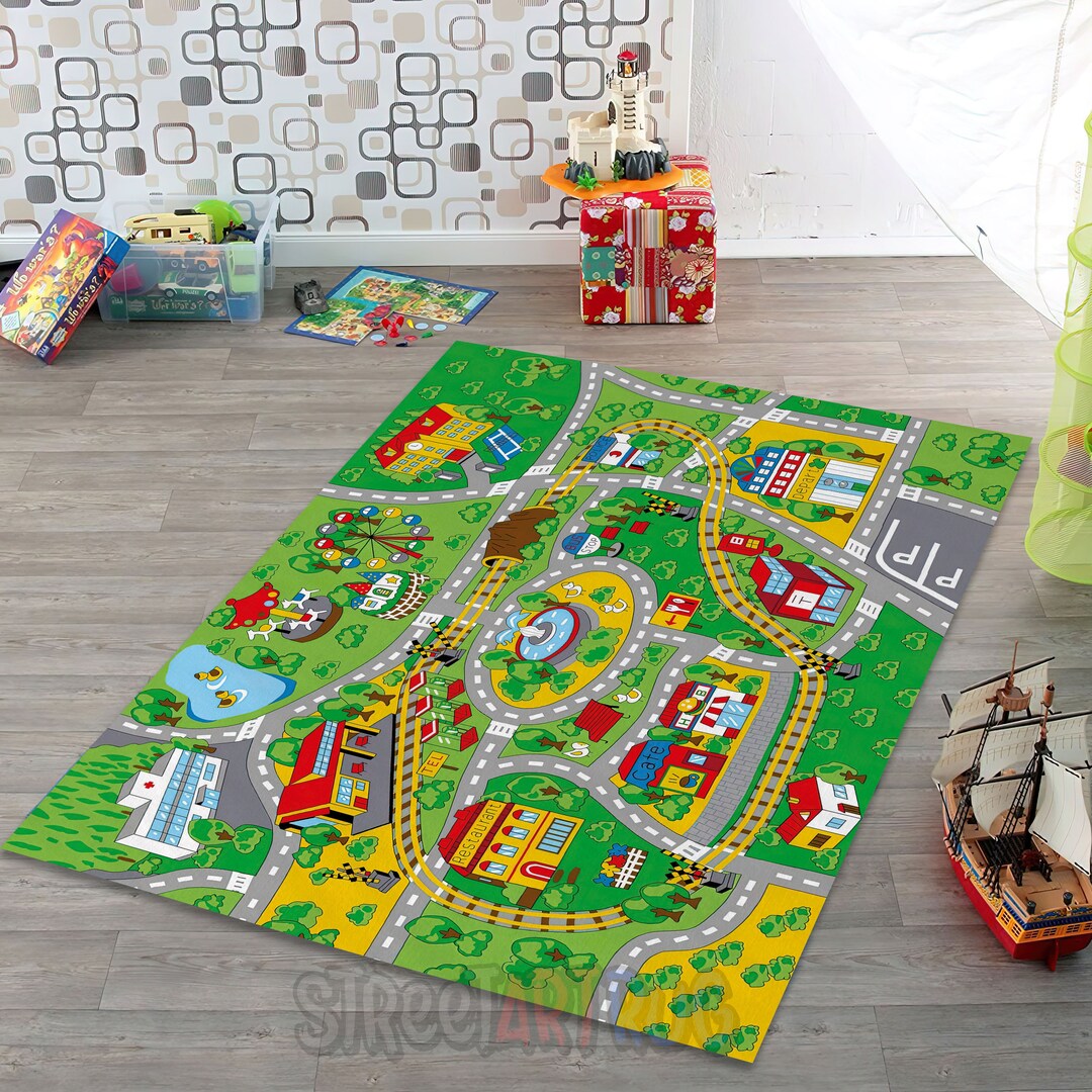 Colorful City Road Map Rug, Baby Activity Room Mat, Kids Play Carpet ...