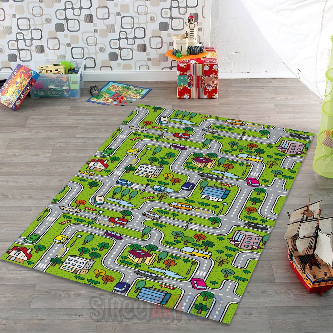 City Road Map Rug, Nursery Carpet, Kids Room Decor, Toddler Mat, Play ...
