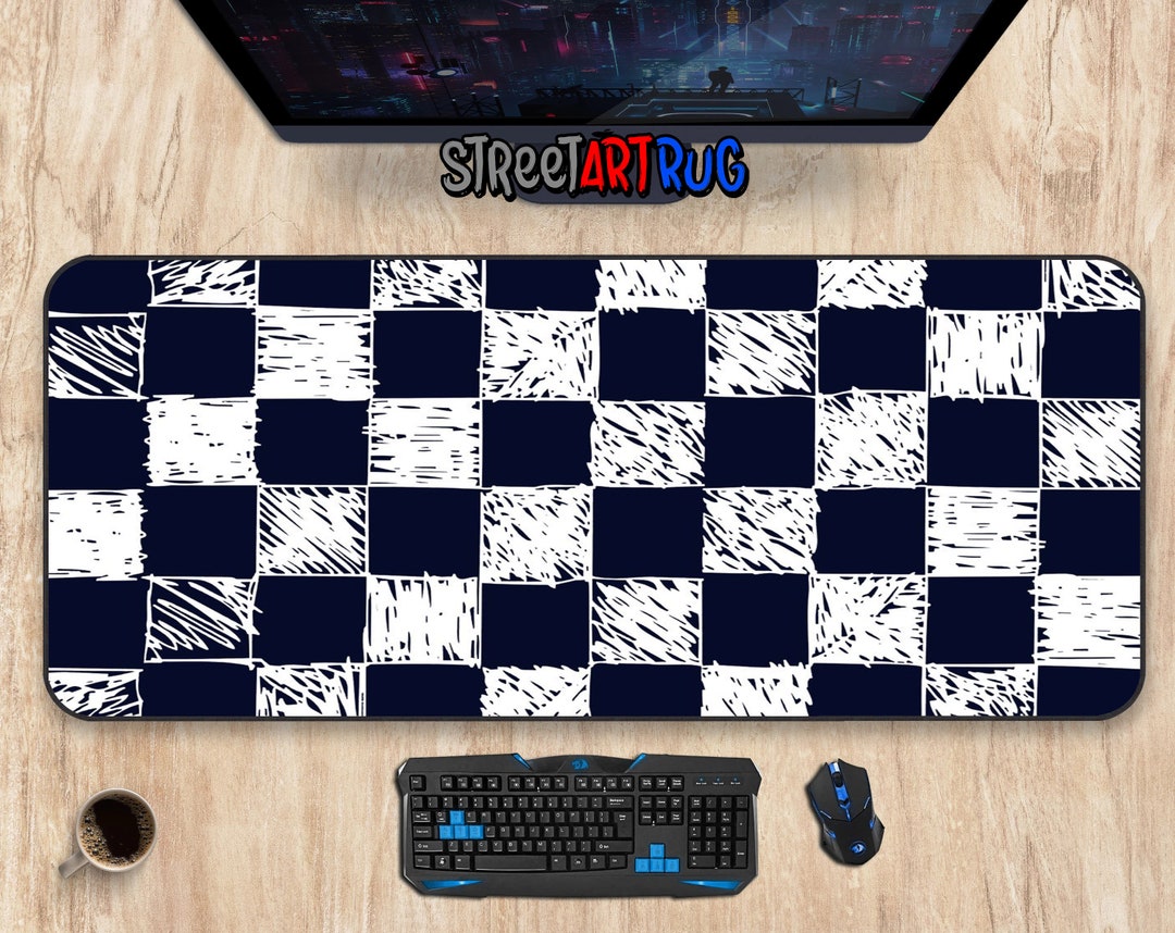 Checkered Themed Retro Style Desk Mat, Black Pencil Art Mouse Mat ...