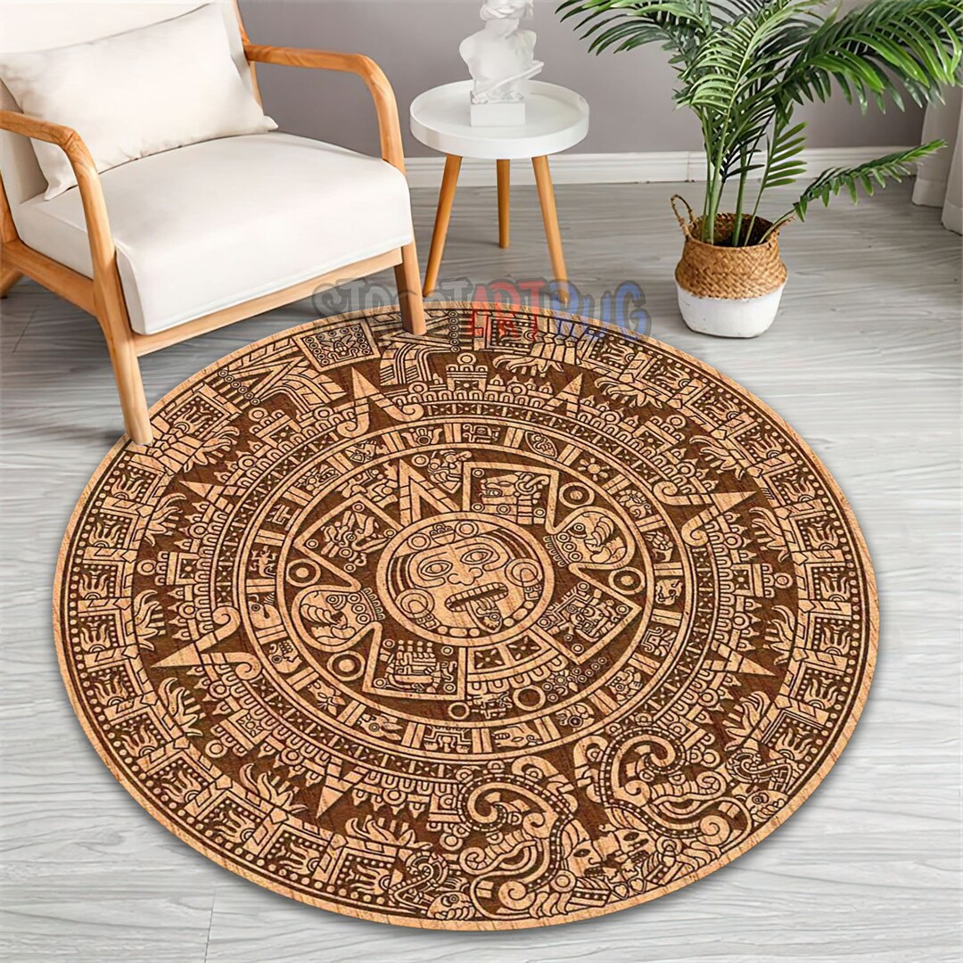 Mayan Compass Themed Rug, Ethnic Carpet, Tribal Mat, Aztec Round Decor ...