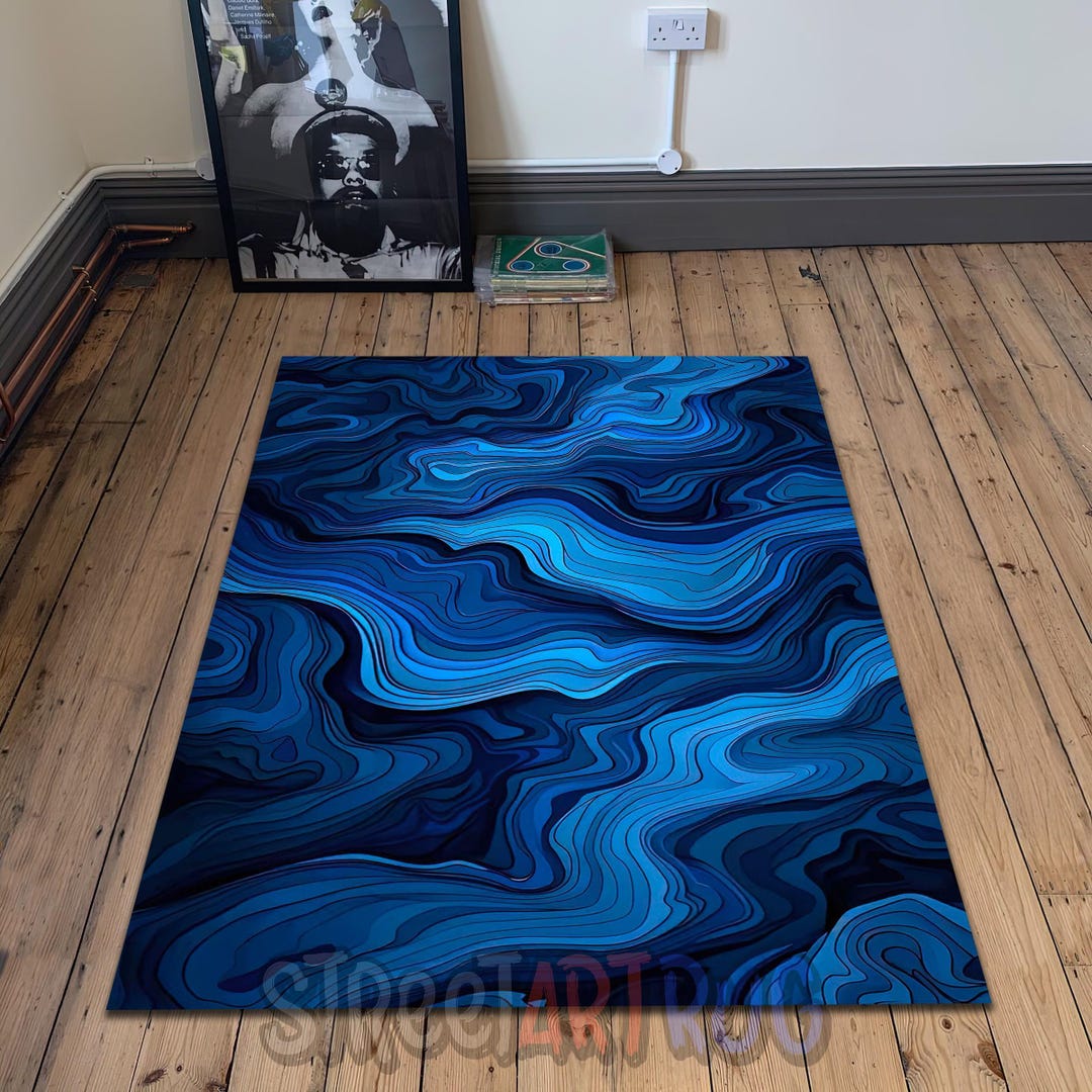 Blue Isohypse Motif Rug, Modern Topographic Carpet, Abstract Mat ...
