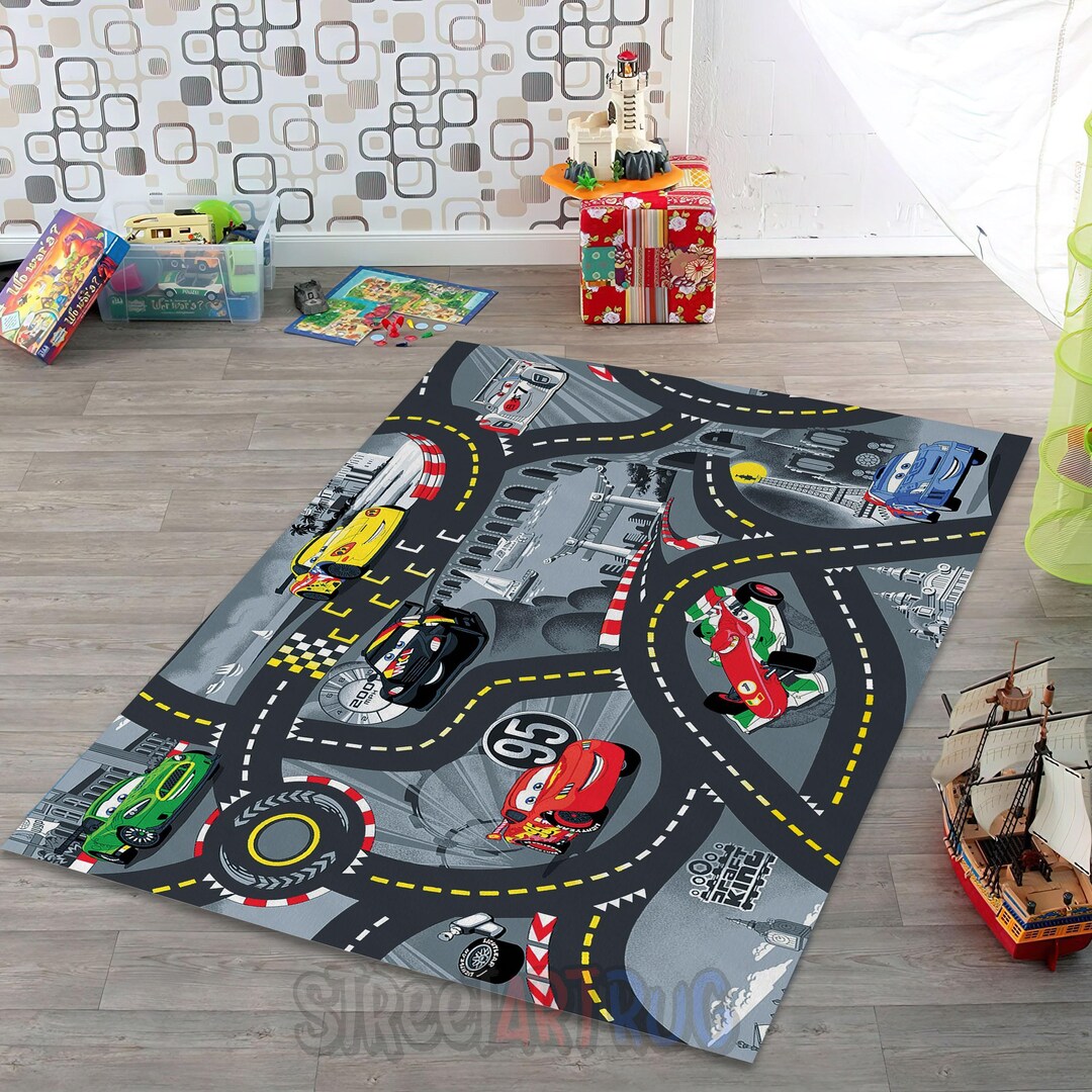 Race Car Track Rug: Kids Playroom Carpet, Nursery Decor - Etsy