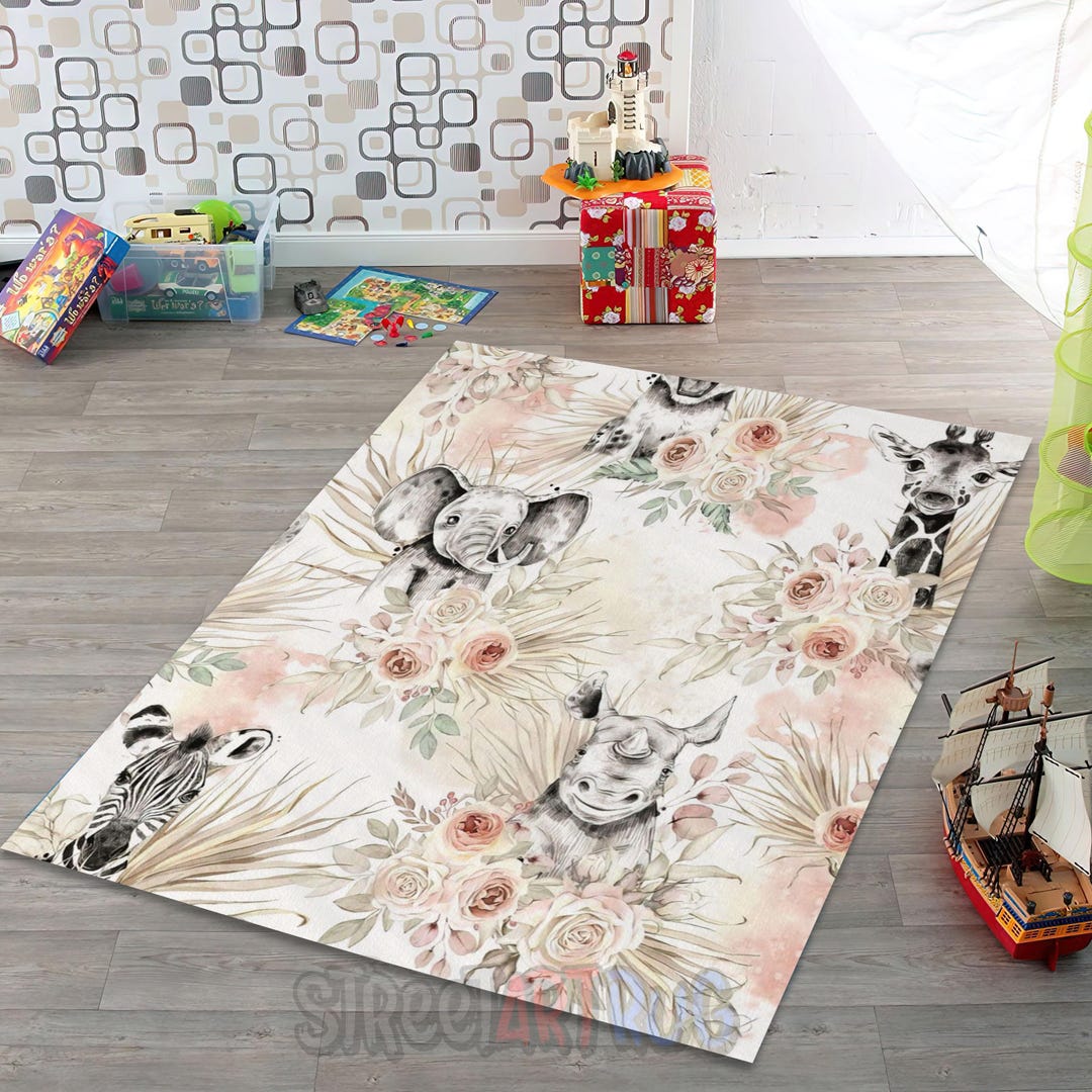 Floral Zoo Rug, Safari Carpet, Baby Room Mat, Animal Decor, Nursery Rug ...