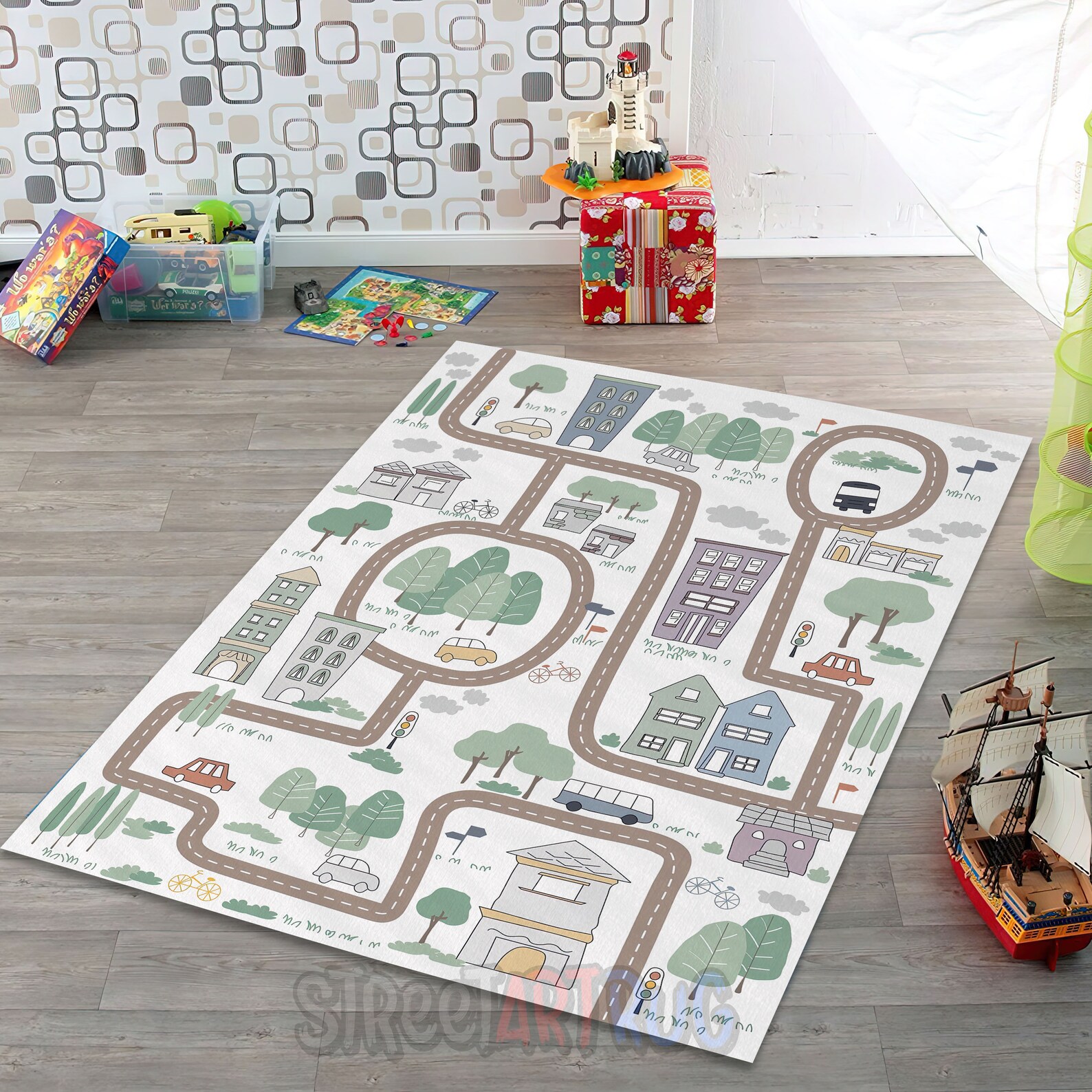 City Map Rug, Nursery Play Mat, Kids Room Carpet, Colorful Baby Decor ...