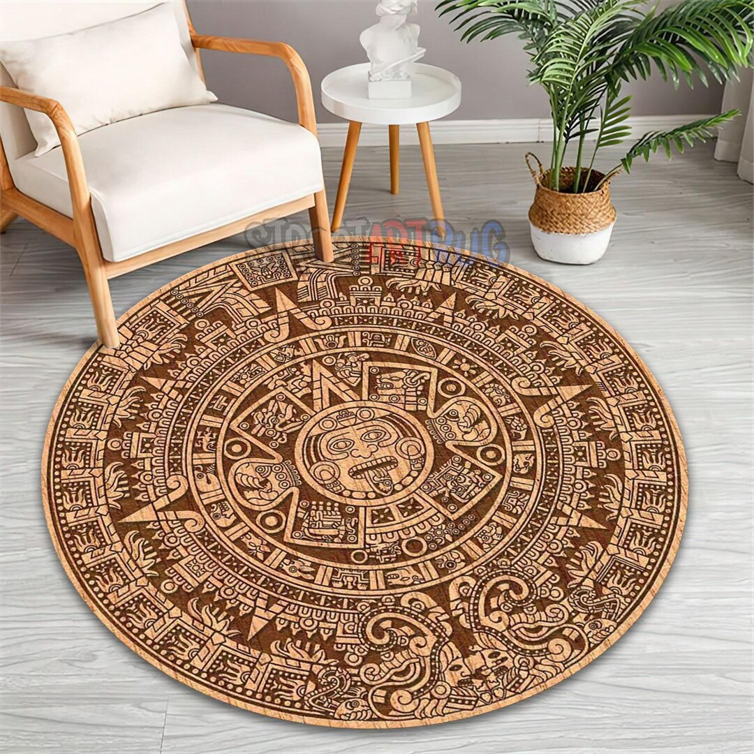 Mayan Compass Rug, Ethnic Round Carpet, Tribal Mat, Aztec Decor ...