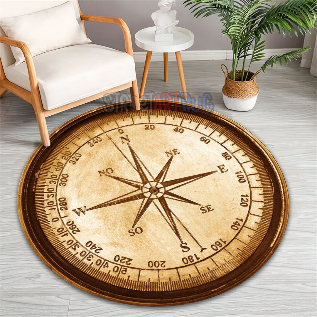 Retro Style Medallion Rug, Compass Round Mat, Entryway Carpet, Nautical ...