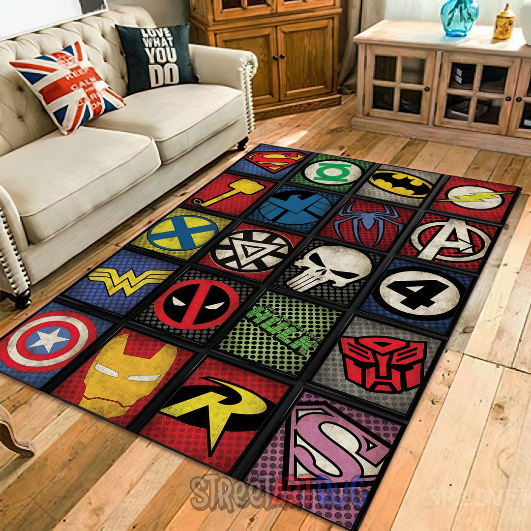 Avengers Character Symbol Rug, Retro Style Superhero Carpet, Children ...
