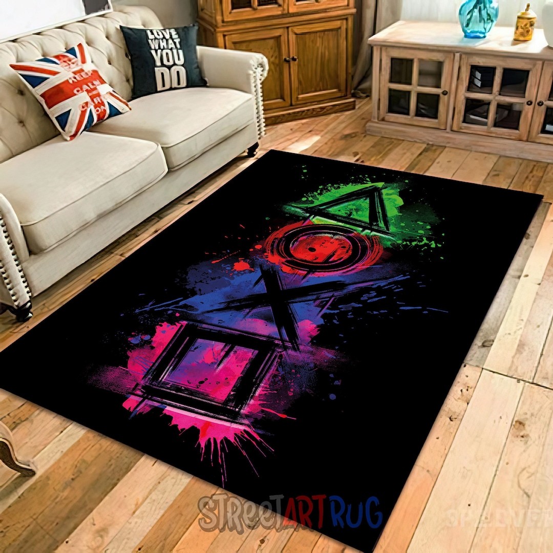 Graffiti Game Rug, Black Gamer Mat, Gaming Decor, Game Controller ...