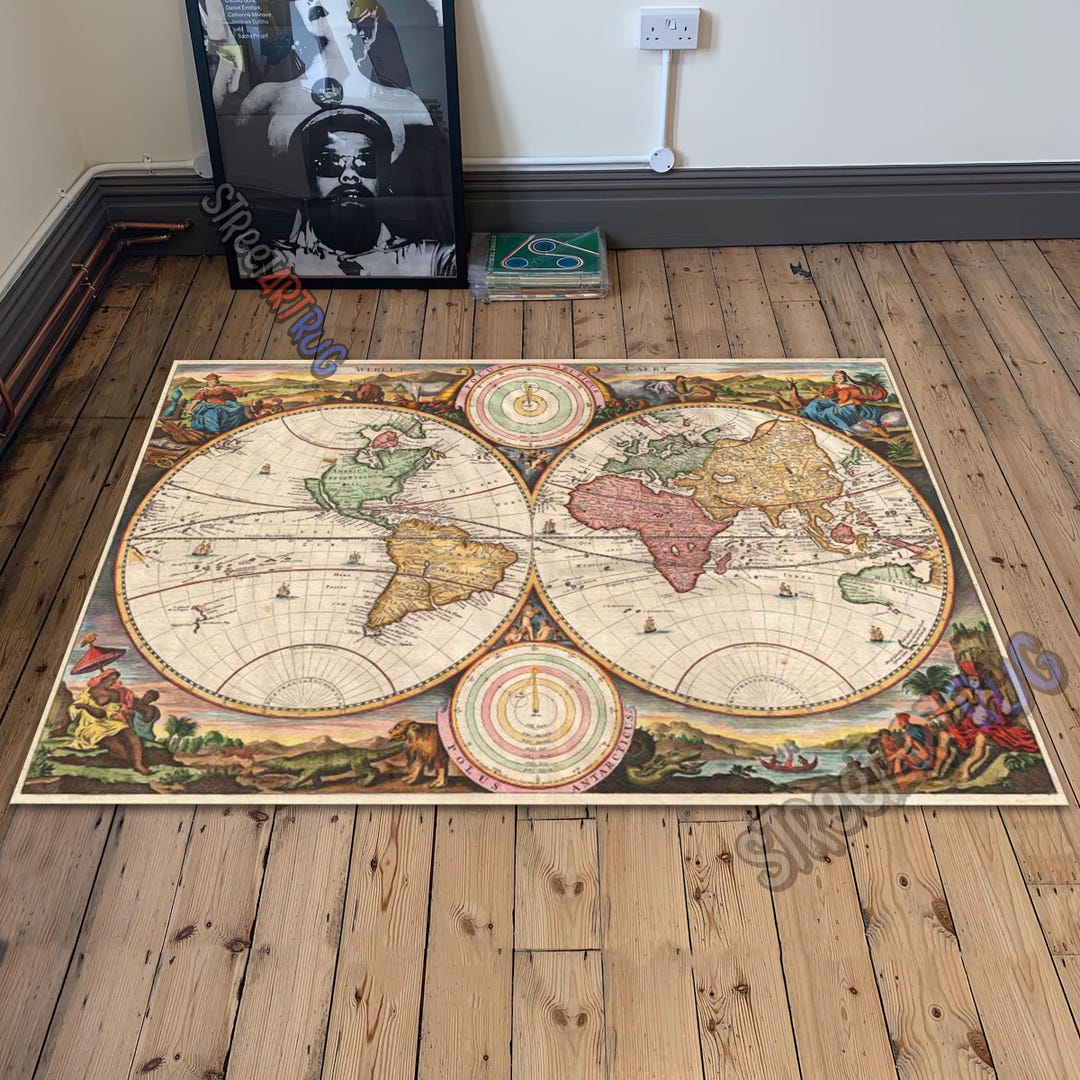 Antique World Map Rug - Gold Hemisphere Office Carpet - Etsy