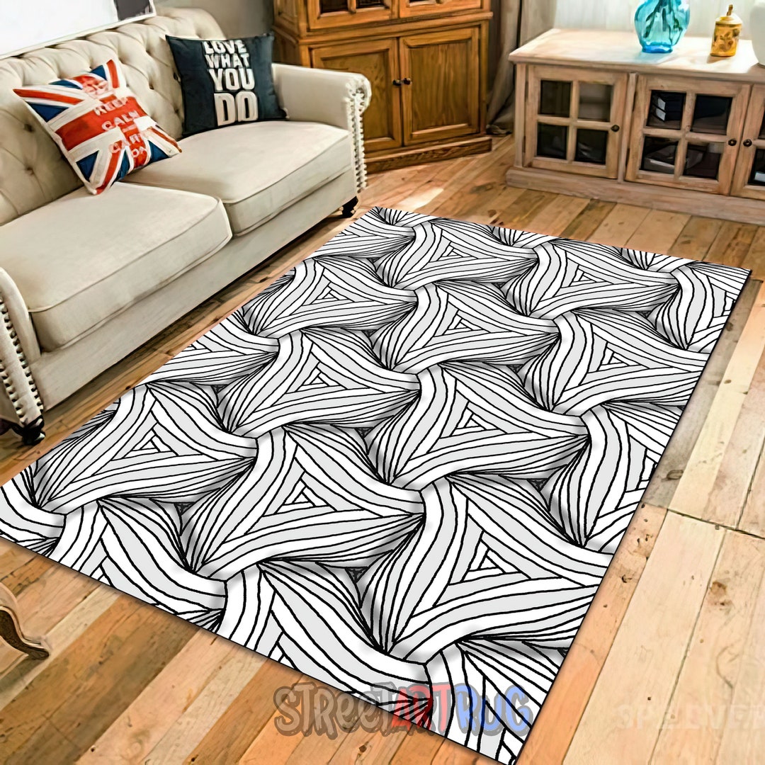 3D Illusion Rug, Black and White Vortex Carpet, Swirl Mat, Geometric ...